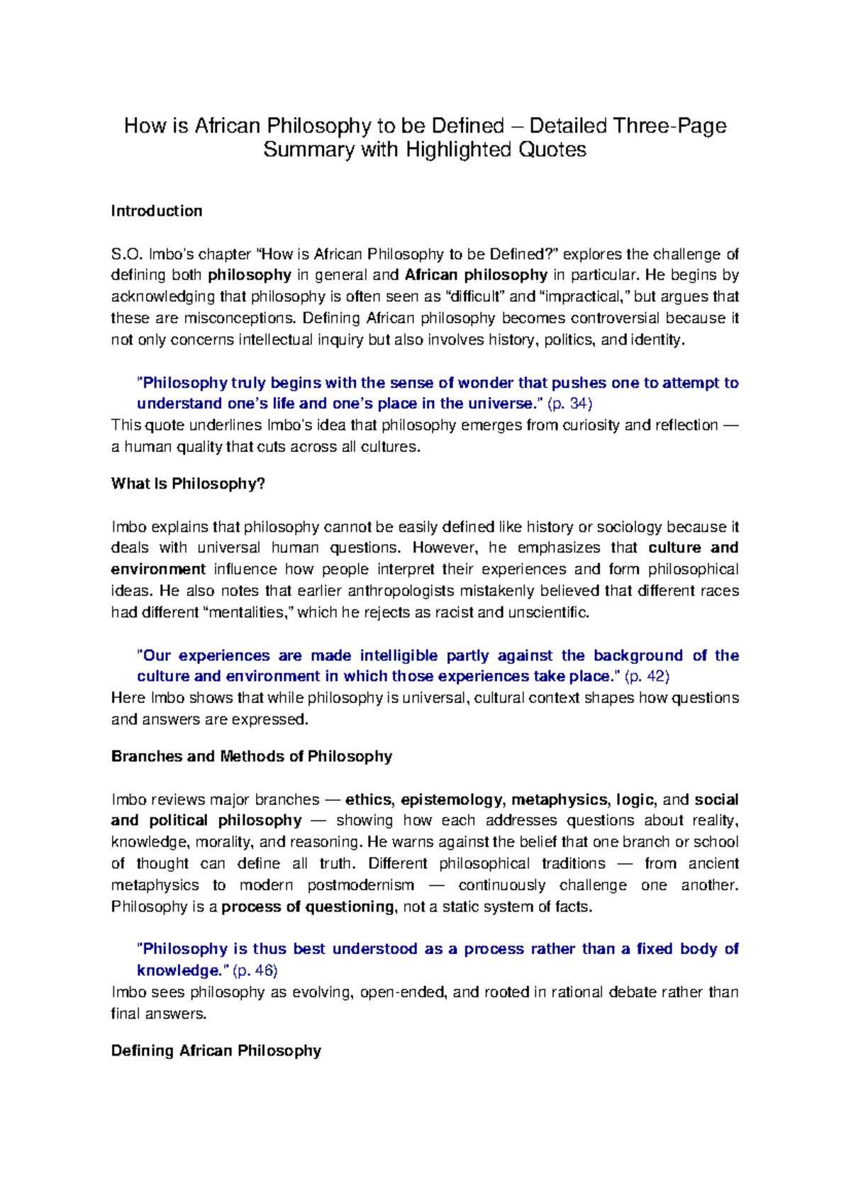 Detailed Summary of African Philosophy (PHIL 101) by Imbo - Studocu