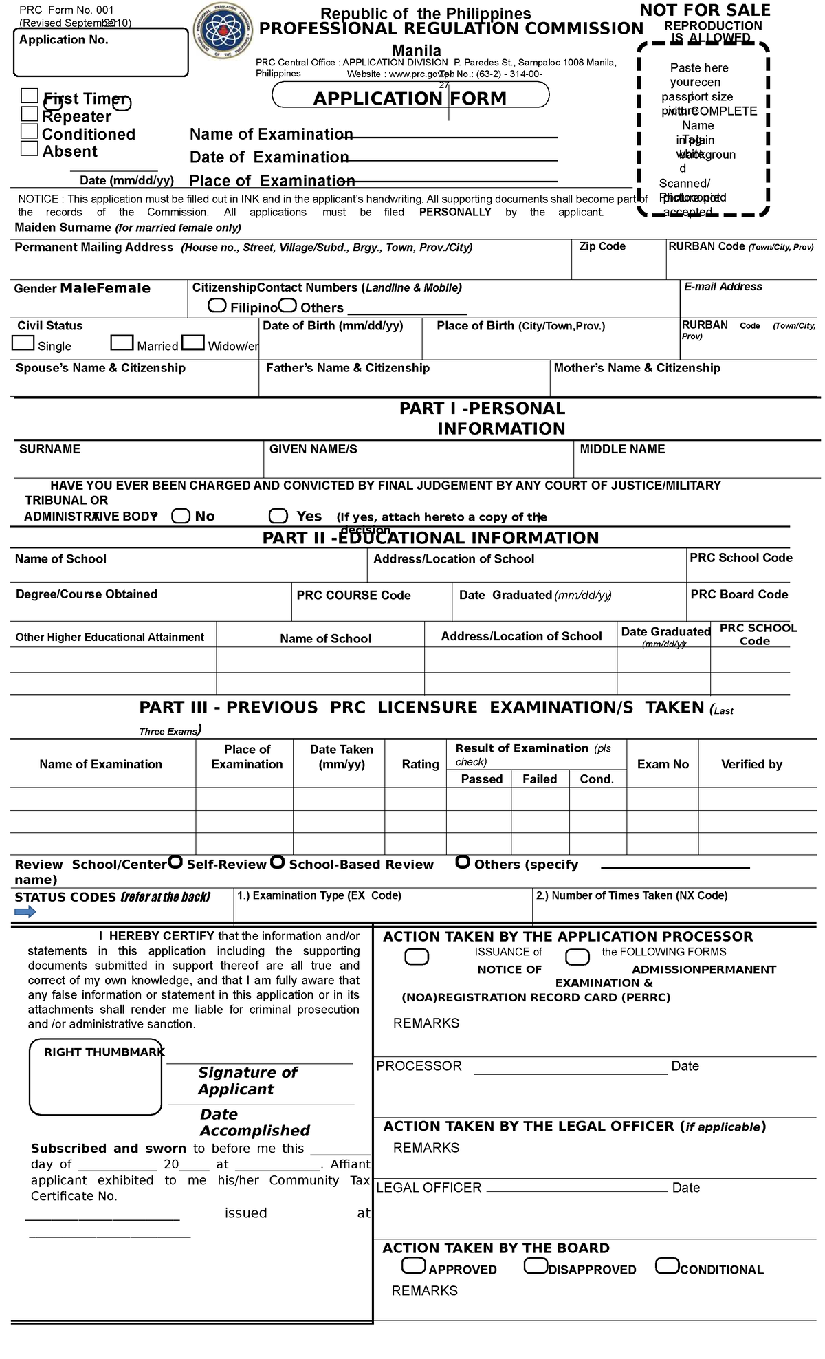 PRC Form No. 001: Application for Licensure Examination Guide - Studocu