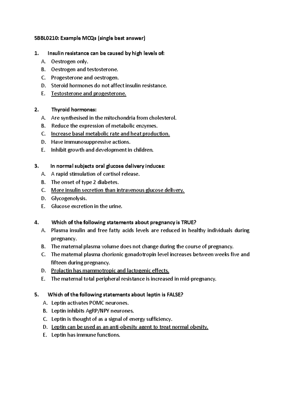5BBL0210: Sample MCQs on Insulin Resistance and Hormones - Studocu
