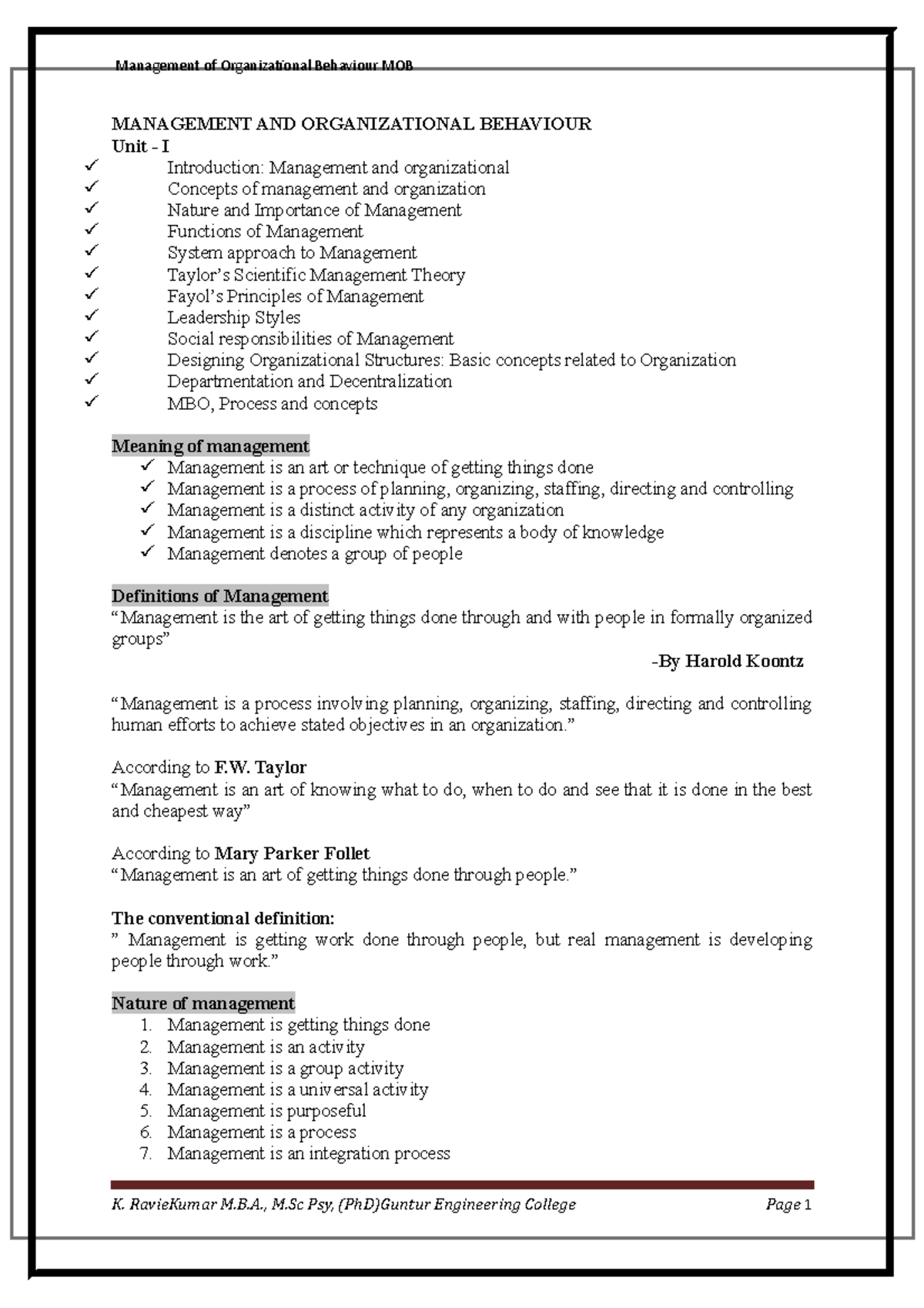 MOB Unit-1: Key Concepts in Management and Organizational Behavior ...