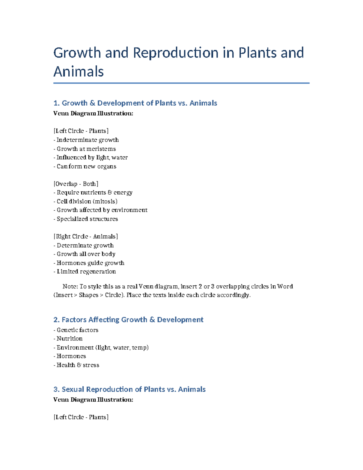 Growth and Reproduction in Plants and Animals: Venn Diagrams - Studocu