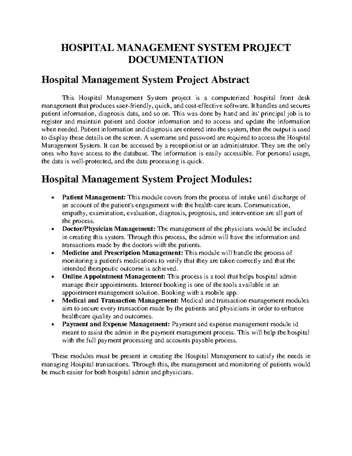 Hospital Management System Project Documentation - HOSPITAL MANAGEMENT ...