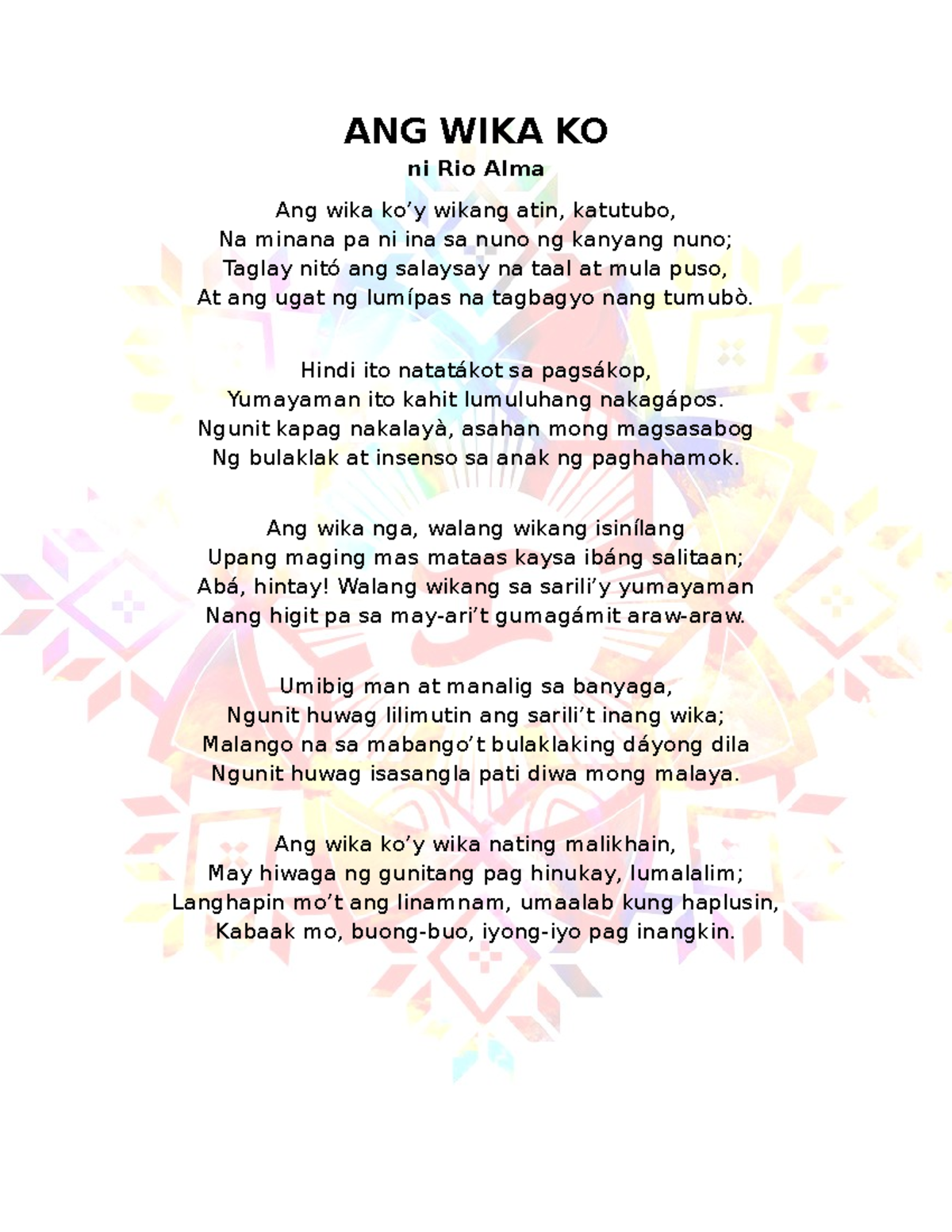 Pagsusuri at Pagninilay sa Tula: "Ang Wika Ko" ni Rio Alma - Studocu