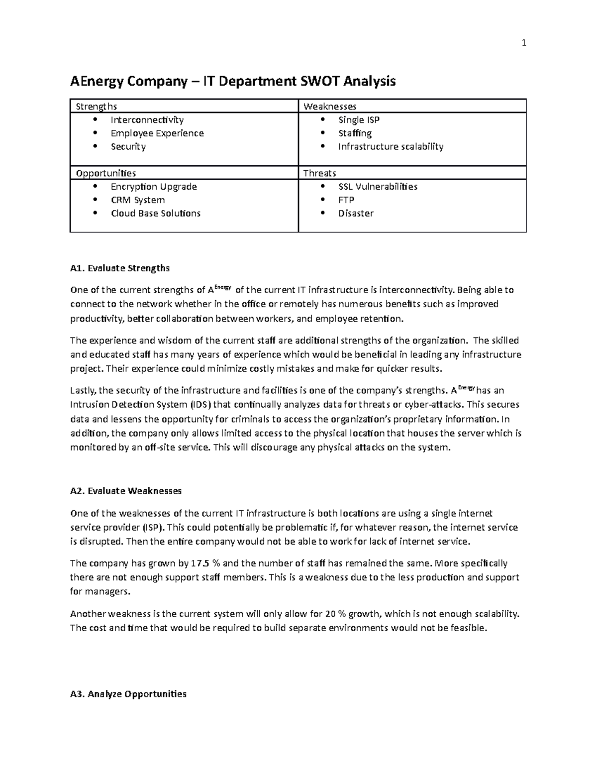 MMT2 Task 1 - SWOT Analysis of AEnergy IT Infrastructure - Studocu