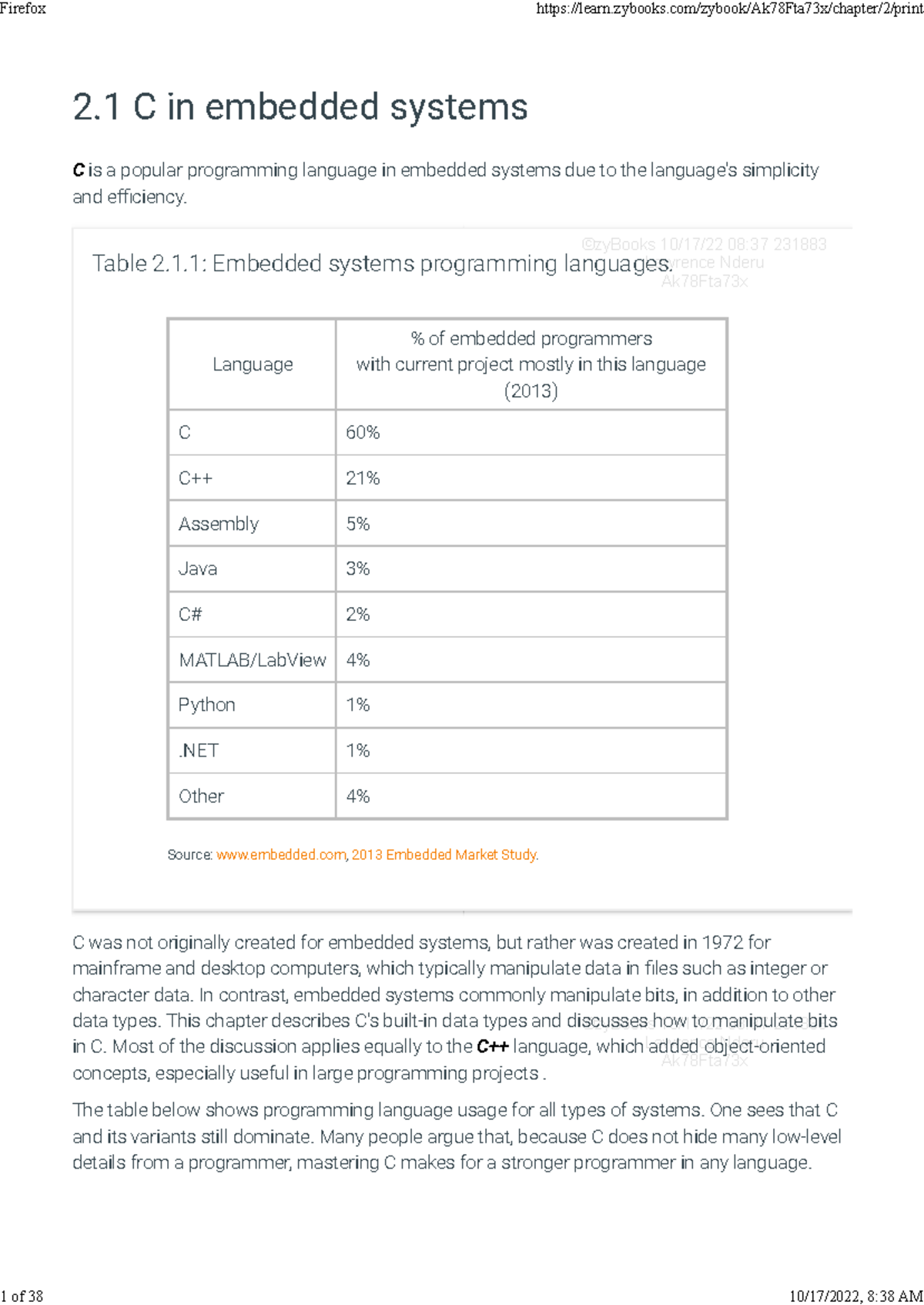 Lecture 02 - 2 C in embedded systems C is a popular programming ...