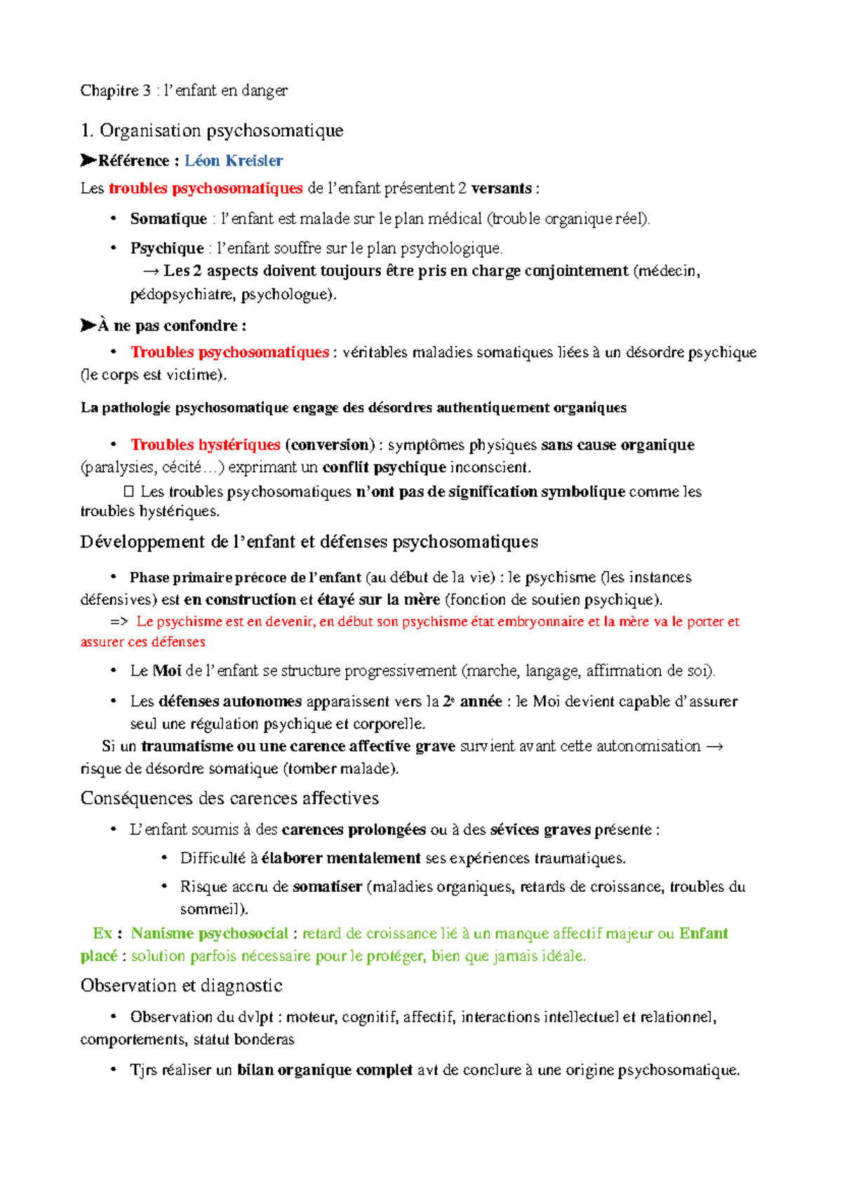 Fiche de Révision S3 : Chapitre 3 - Psychopathologie de l'Enfant et de ...