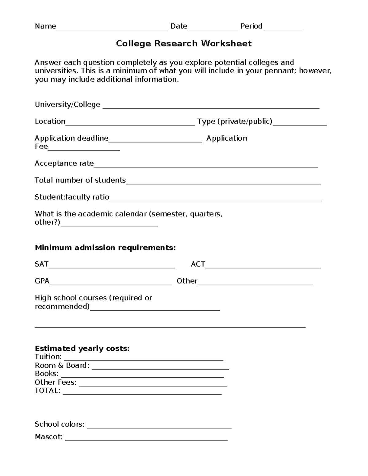 College Research Worksheet: Exploring Potential Colleges & Universities ...
