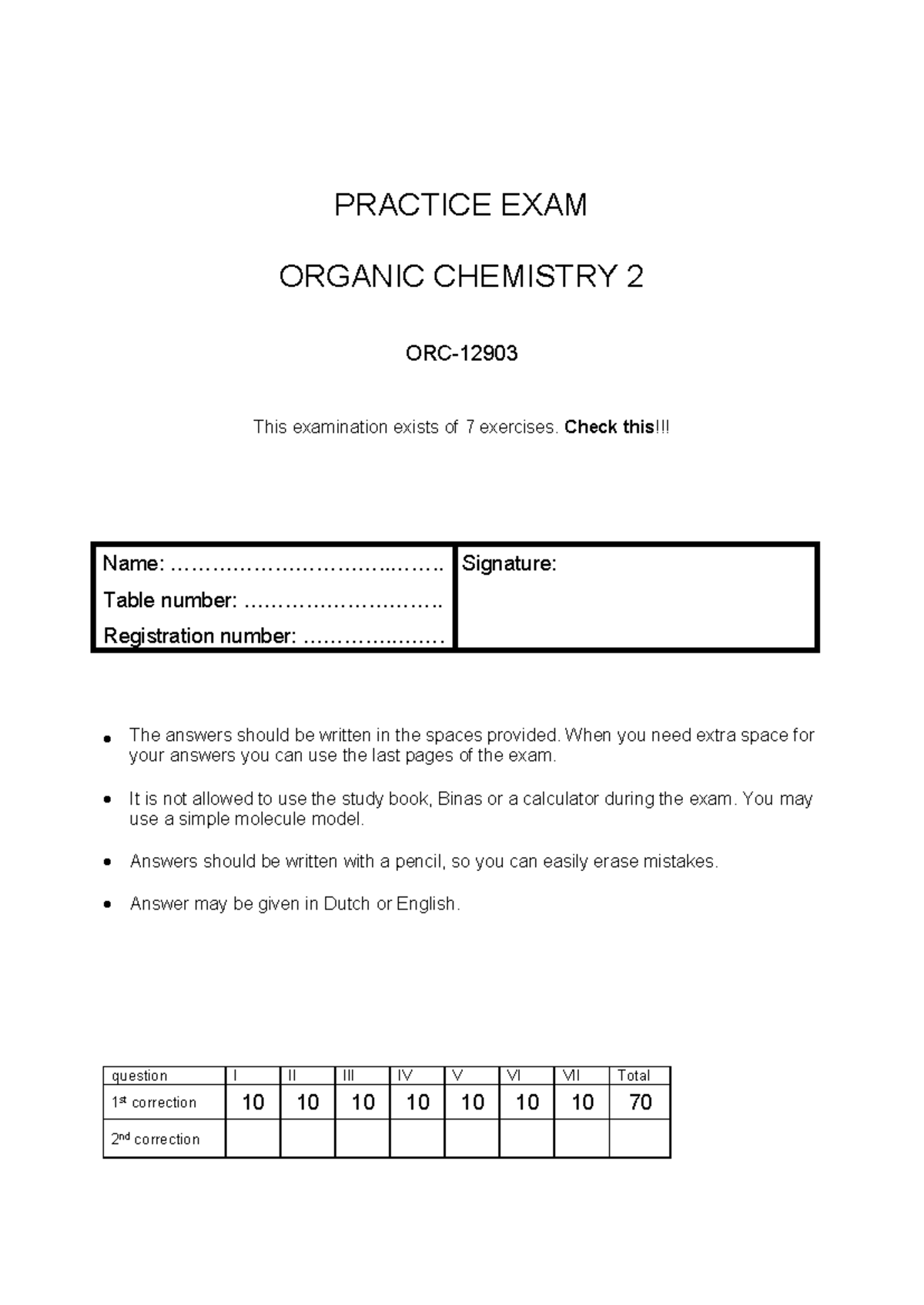 Practice Exam Answers for Organic Chemistry 2 (ORC) - Studeersnel