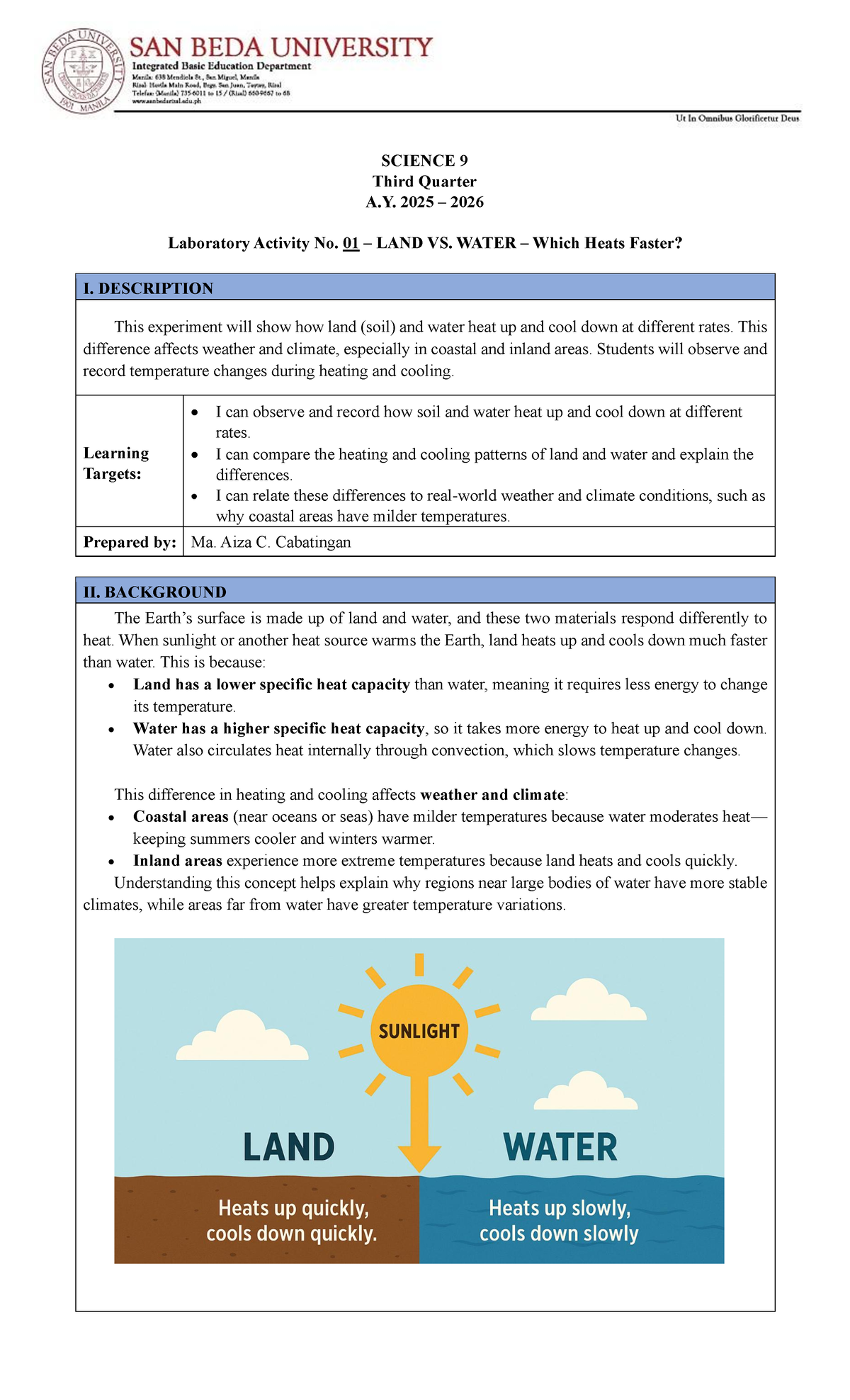 3Q SCI9 Lab Activity 01: Land vs. Water Heating Rates - Studocu