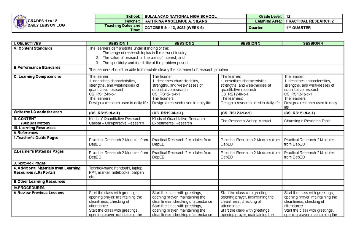 DLL PR2 Q1 W6 - Daily Lesson Log for Practical Research 2 Week 6 - Studocu