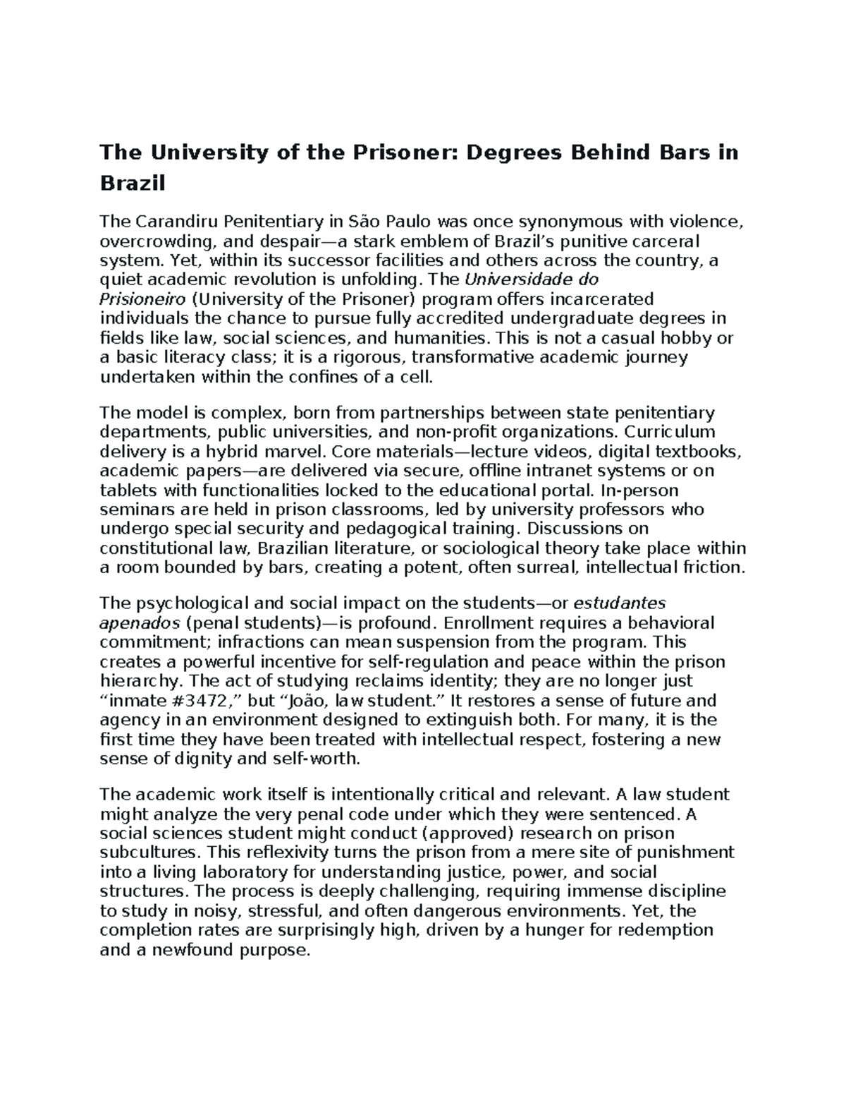 University of the Prisoner: Academic Transformation in Brazilian ...