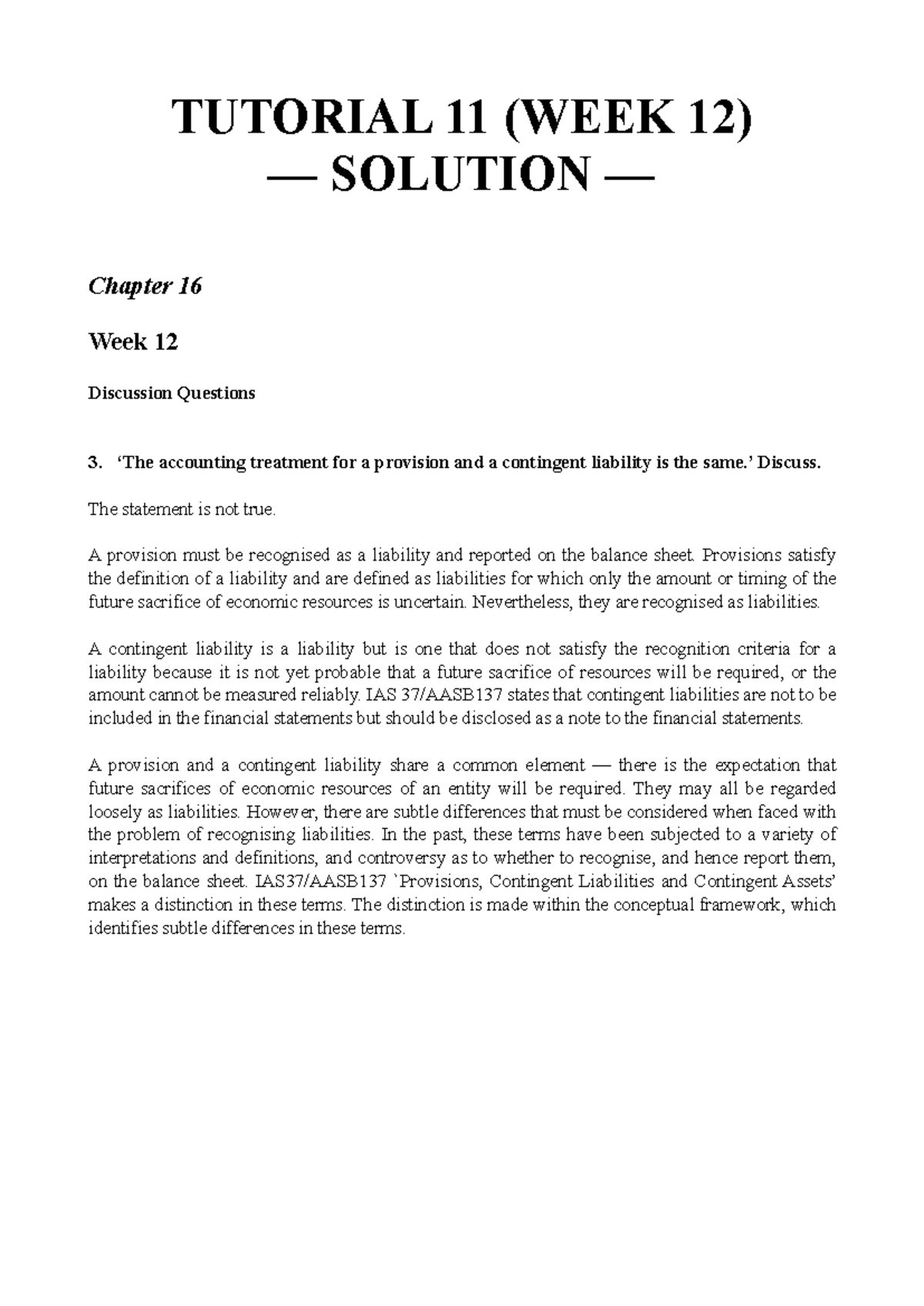 Tutorial 11 (Week 12) Solutions on Provisions and Liabilities - Studocu