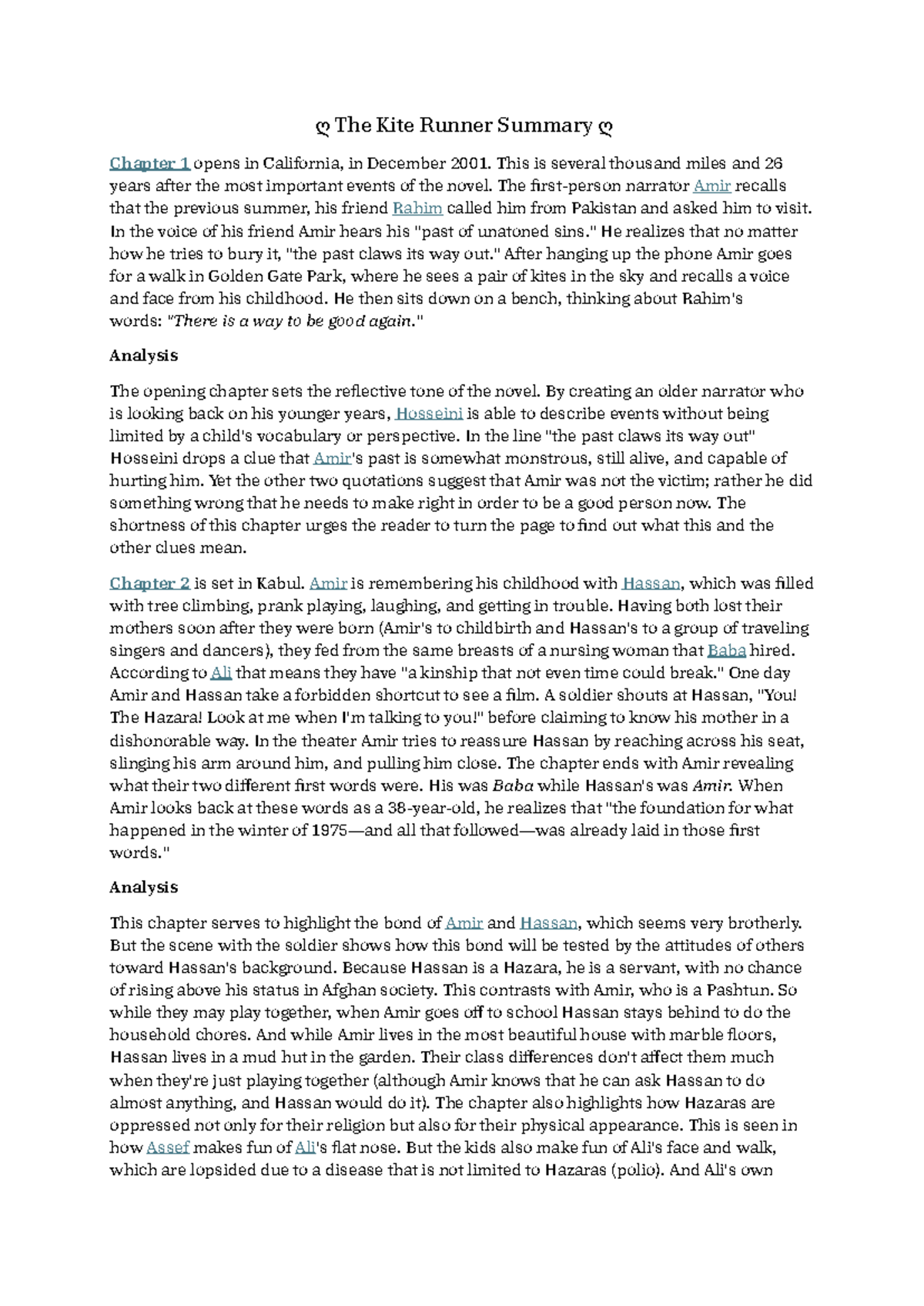 The Kite Runner Summary: Chapters 1-22 Analysis and Insights - Studocu
