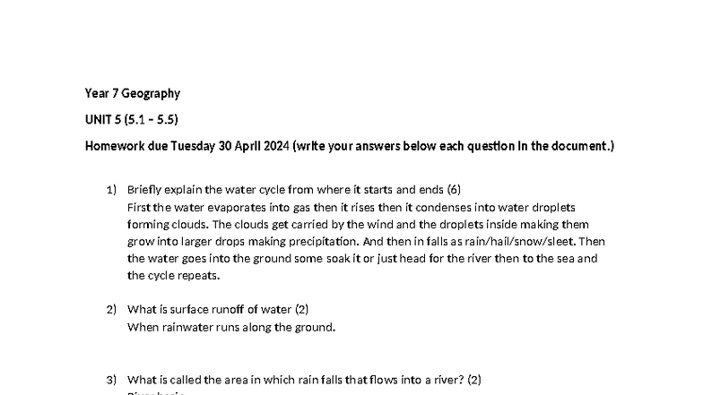 Year 7 Geography Unit 5 Homework: Water Cycle & River Processes - Studocu