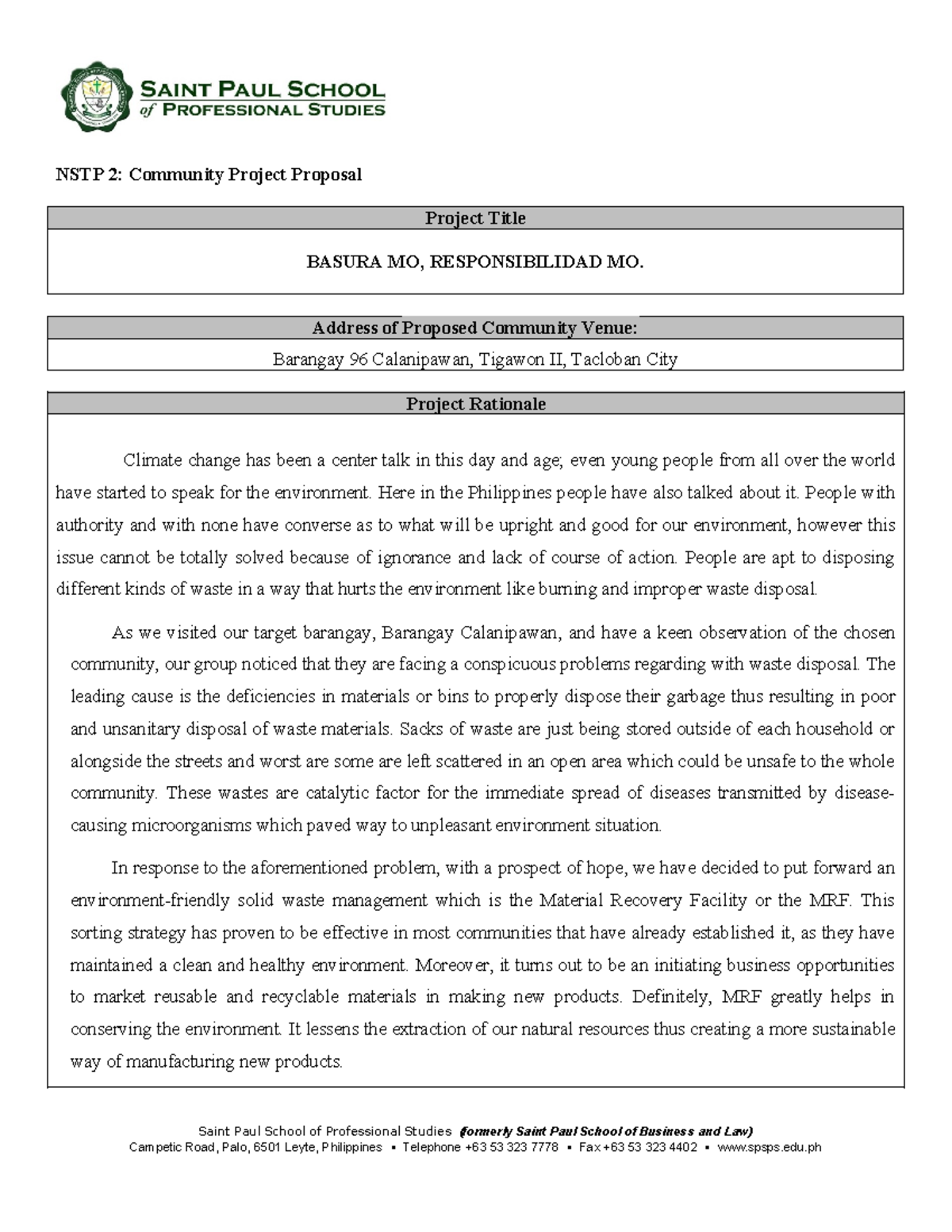 Pdfcoffee - Sample - NSTP 2: Community Project Proposal Project Title BASURA MO, RESPONSIBILIDAD ...