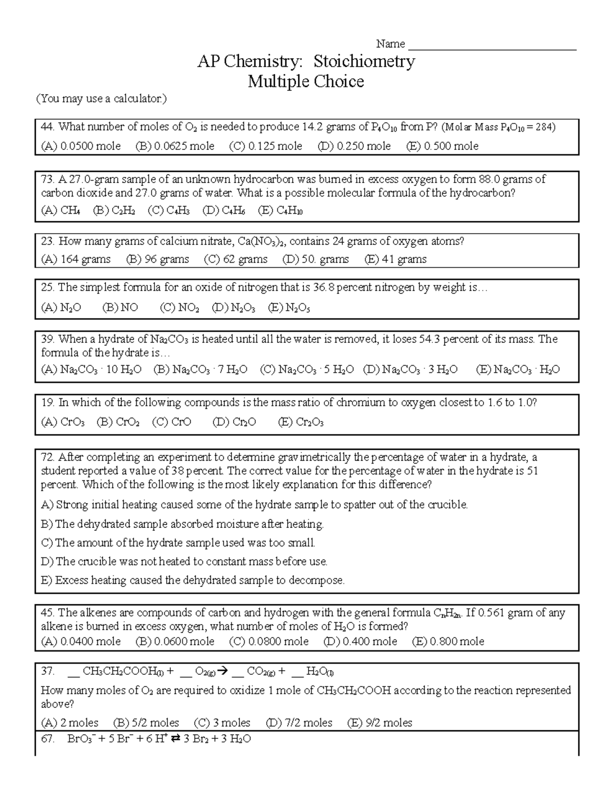 Unit 8 - Stoichiometry (AP MC) - Name AP Chemistry: Stoichiometry ...