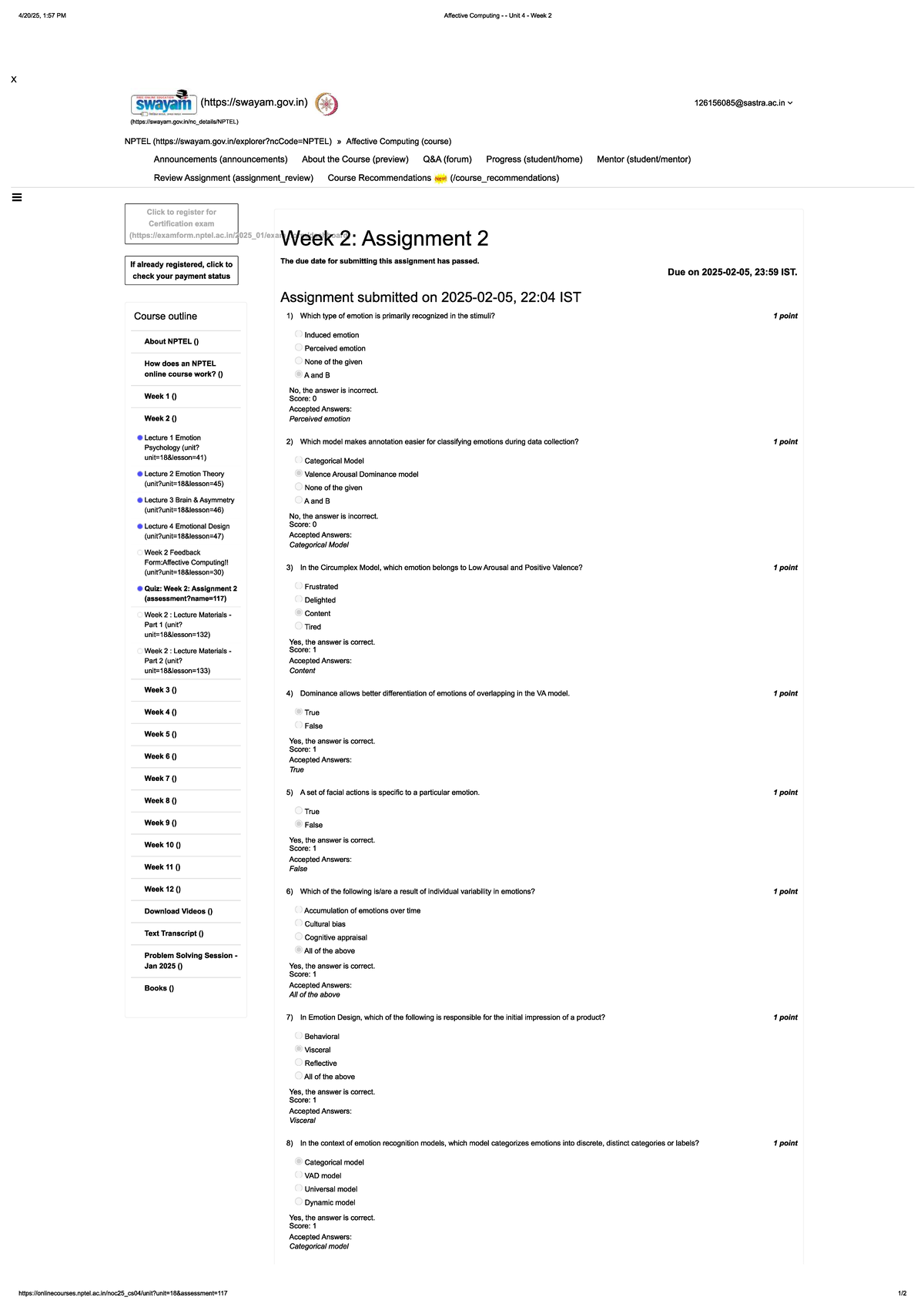 Affective Computing (NPTEL) Week 2 Assignment 2 Overview - Studocu