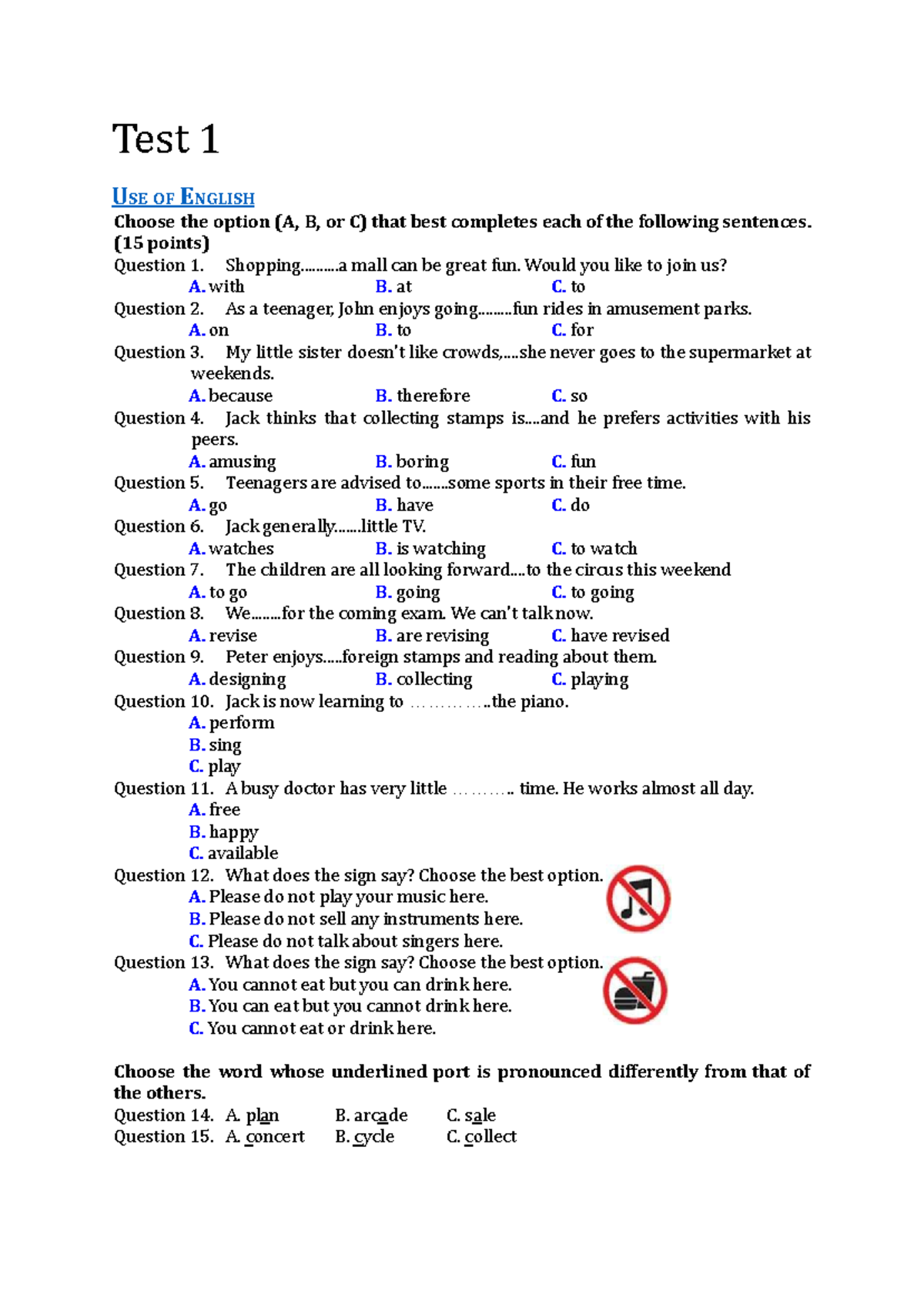 Test 1: USE OF ENGLISH - Sentence Completion & Comprehension Questions ...