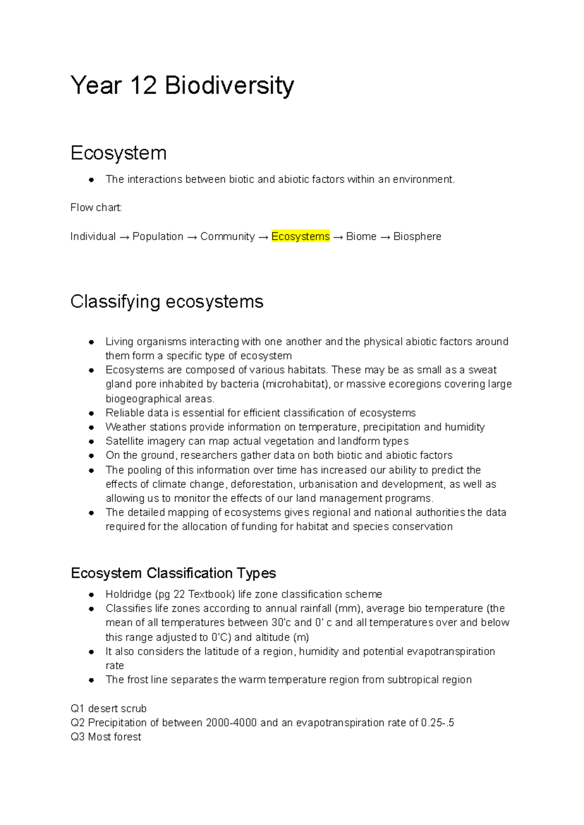 Year 12 Biology Unit 3 & 4: Ecosystem Interactions & Classifications ...
