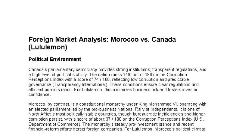 Comm211: Foreign Market Analysis - Lululemon in Morocco vs. Canada ...