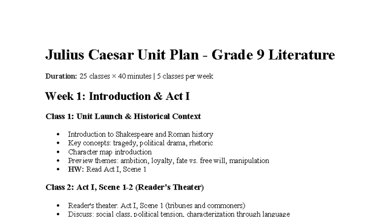 Julius Caesar Unit Plan (Grade 9 Literature) - 25 Classes Overview ...