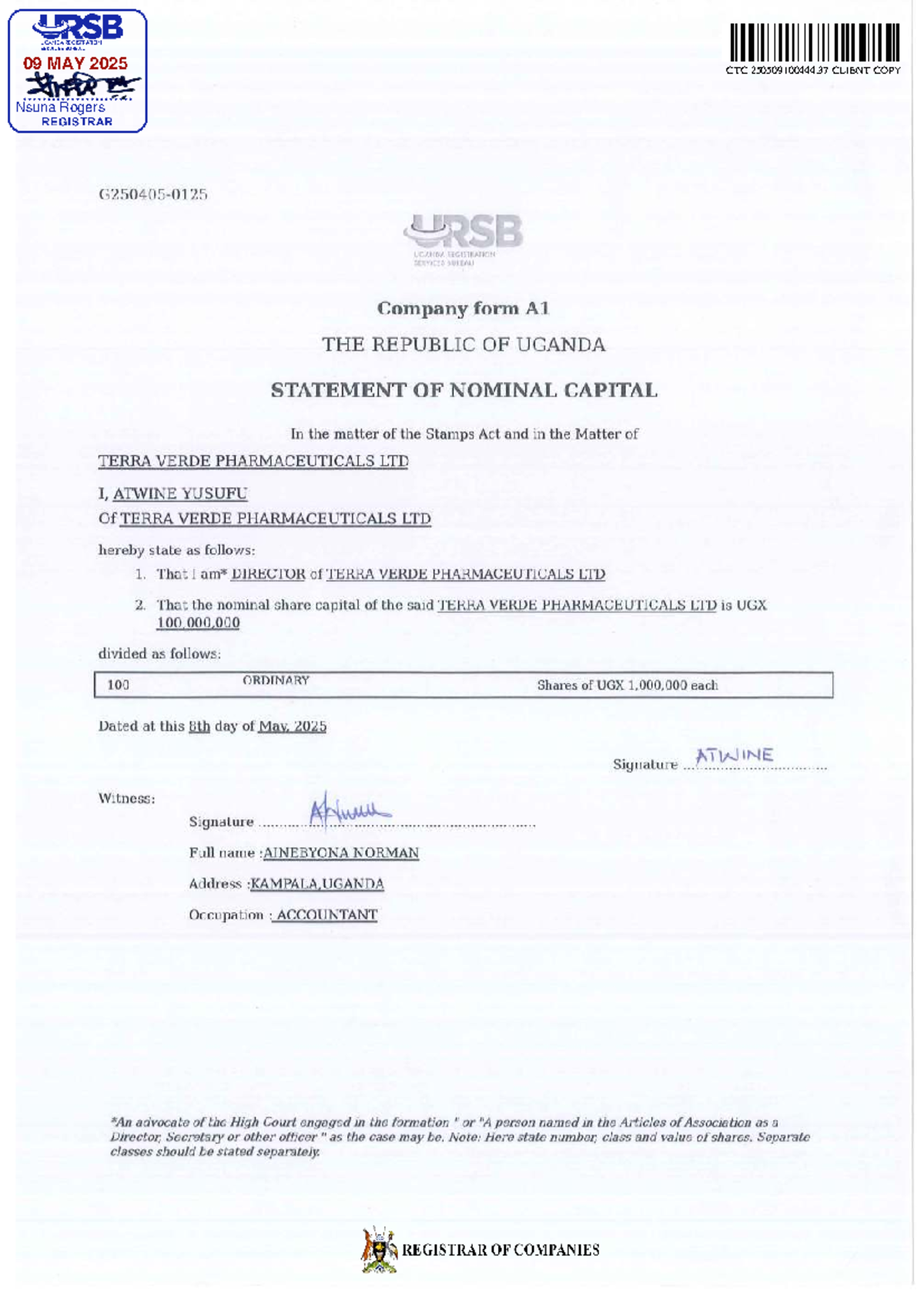URSB Uganda Registration Services Bureau: Company Form A1 Statement - Studocu