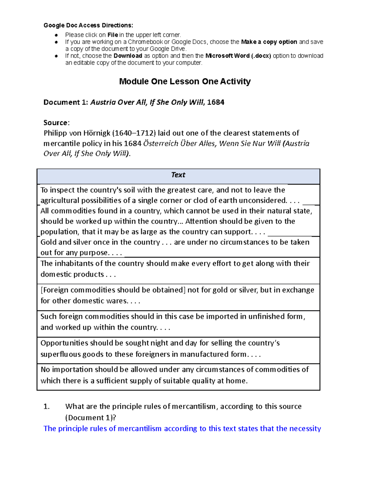 Module One Lesson One on Mercantilism: Primary Sources Activity - Studocu