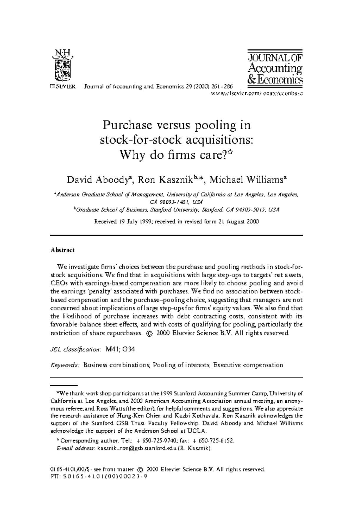 Accounting Methods in Acquisitions: Purchase vs. Pooling Analysis (JAE ...