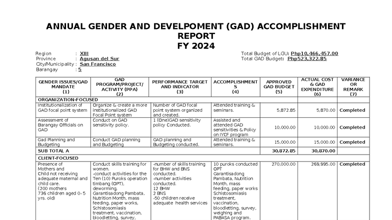 GAD Accomplishment Report 2024 - ANNUAL GENDER AND DEVELPOMENT (GAD ...