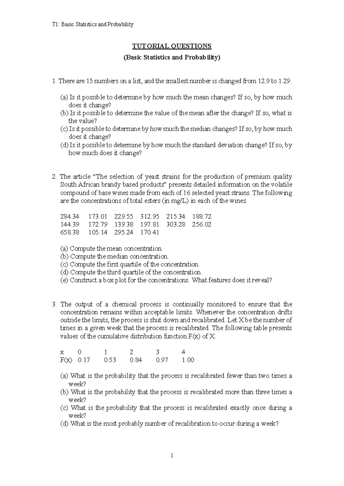 T1: Basic Statistics and Probability TUTORIAL SOLUTIONS - Studocu