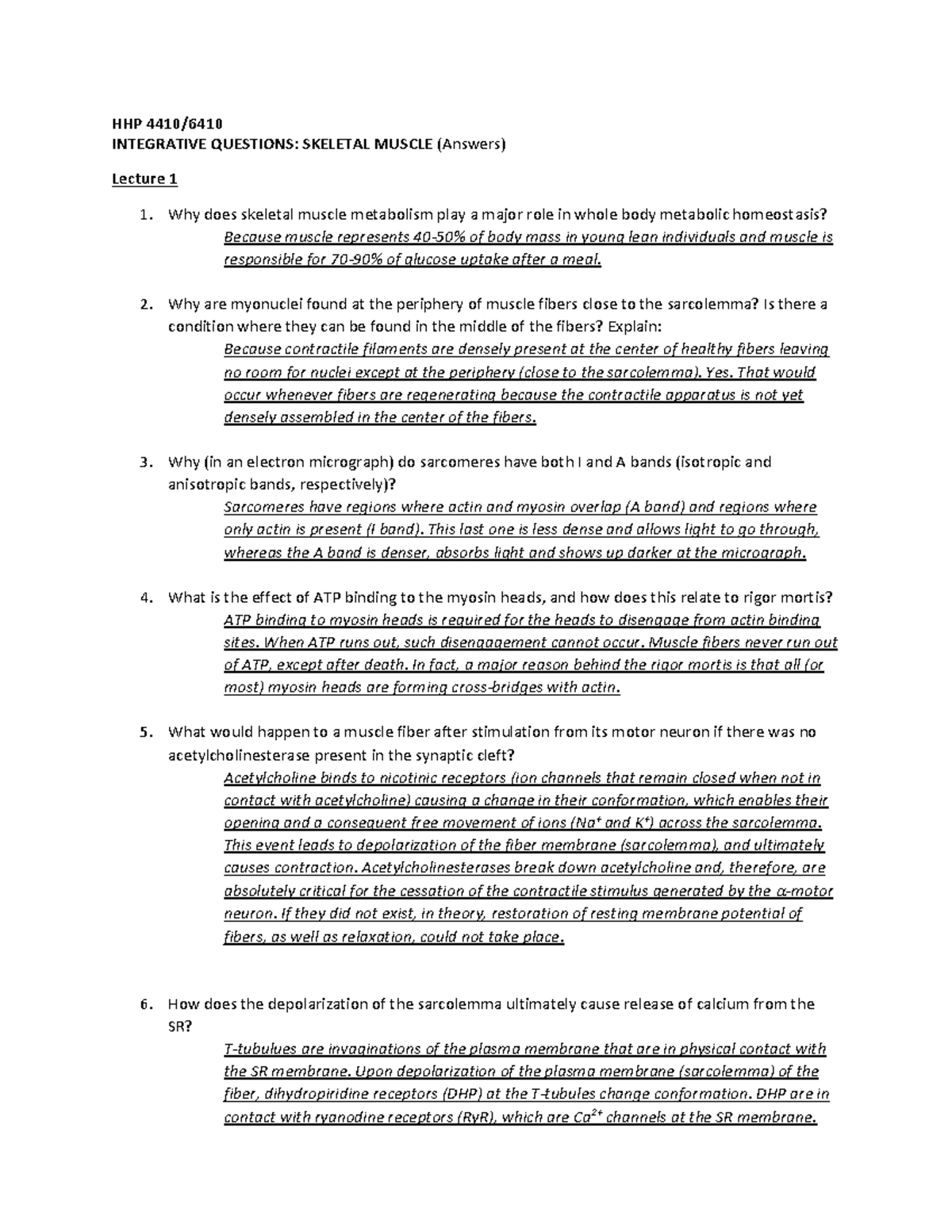 HHP Integrative Questions: Skeletal Muscle Lecture Notes - Studocu