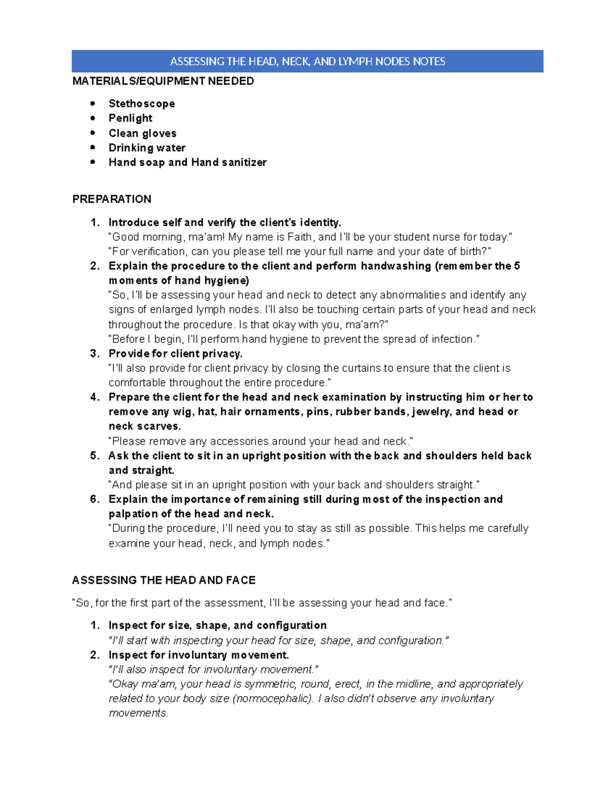 Retdem: Head, Neck & Lymph Nodes Assessment Notes - Studocu