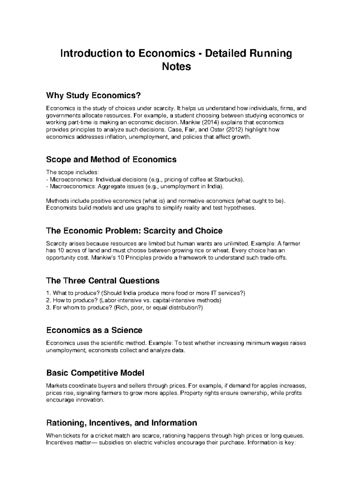 Detailed Economics Notes: Introduction to Economics Concepts - Studocu