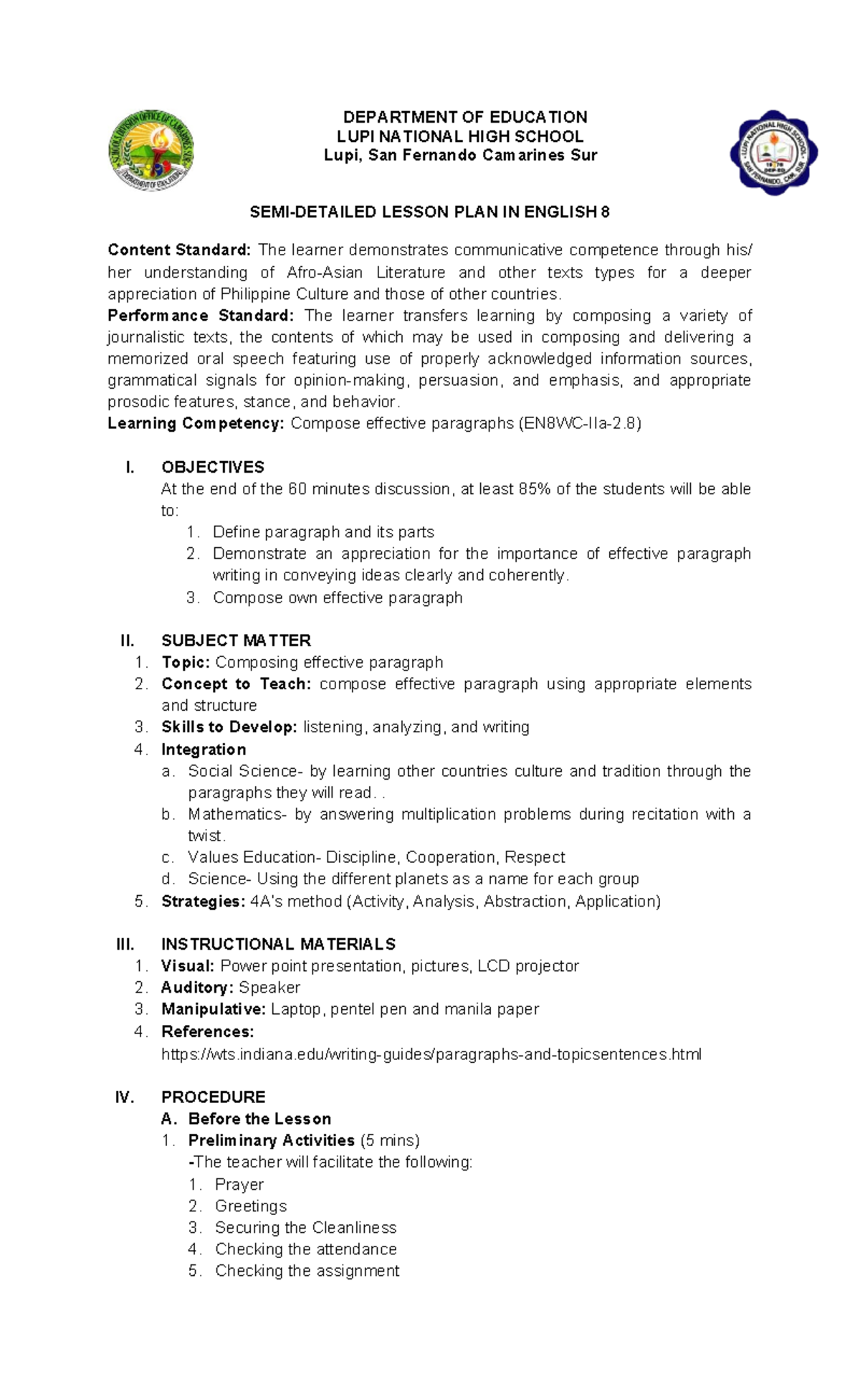 COT ENGLISH 8 LESSON PLAN: COMPOSING EFFECTIVE PARAGRAPHS - Studocu