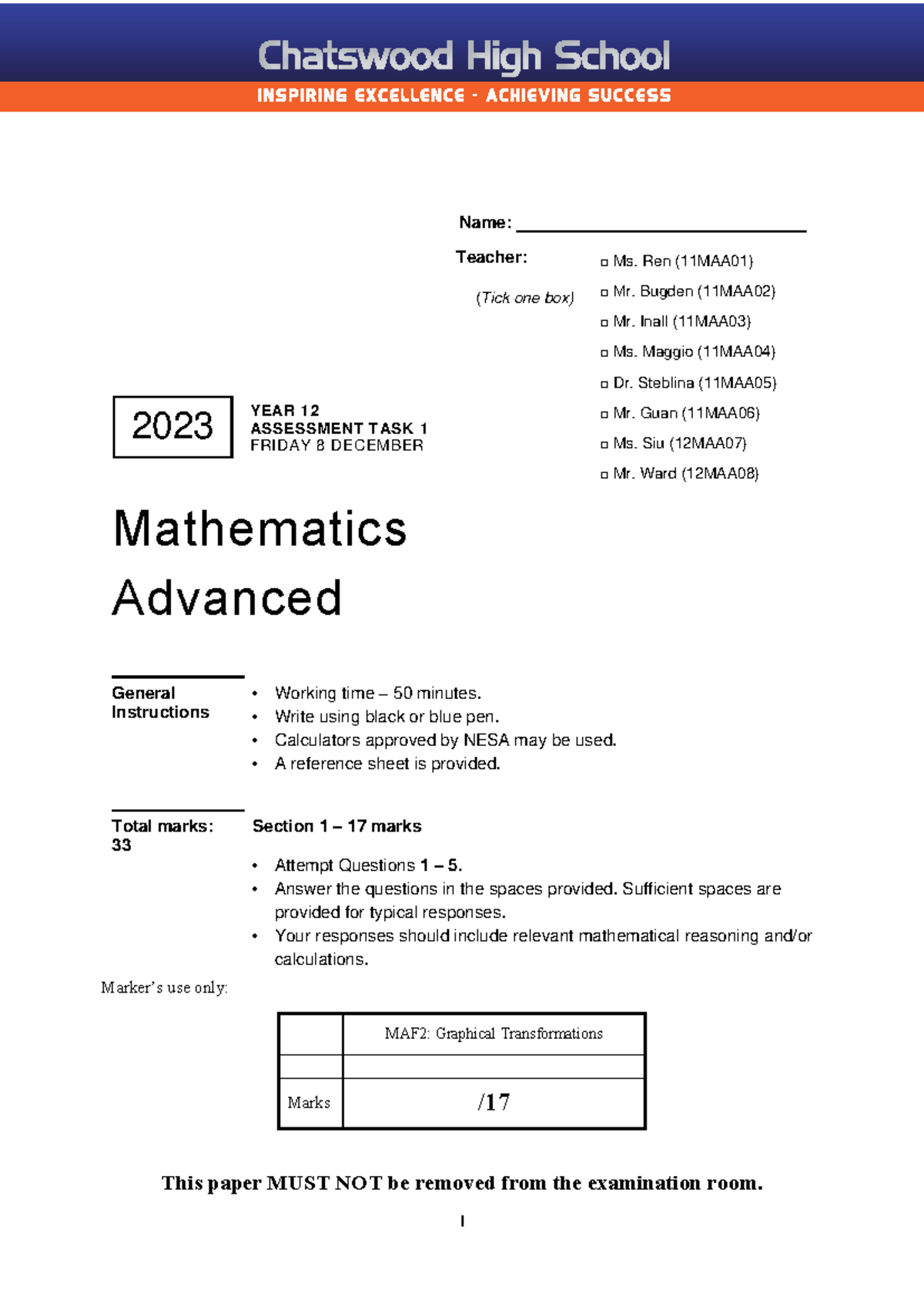 Year 12 Mathematics Advanced Assessment Task 1 (11MAA01) - Past Paper 2 ...