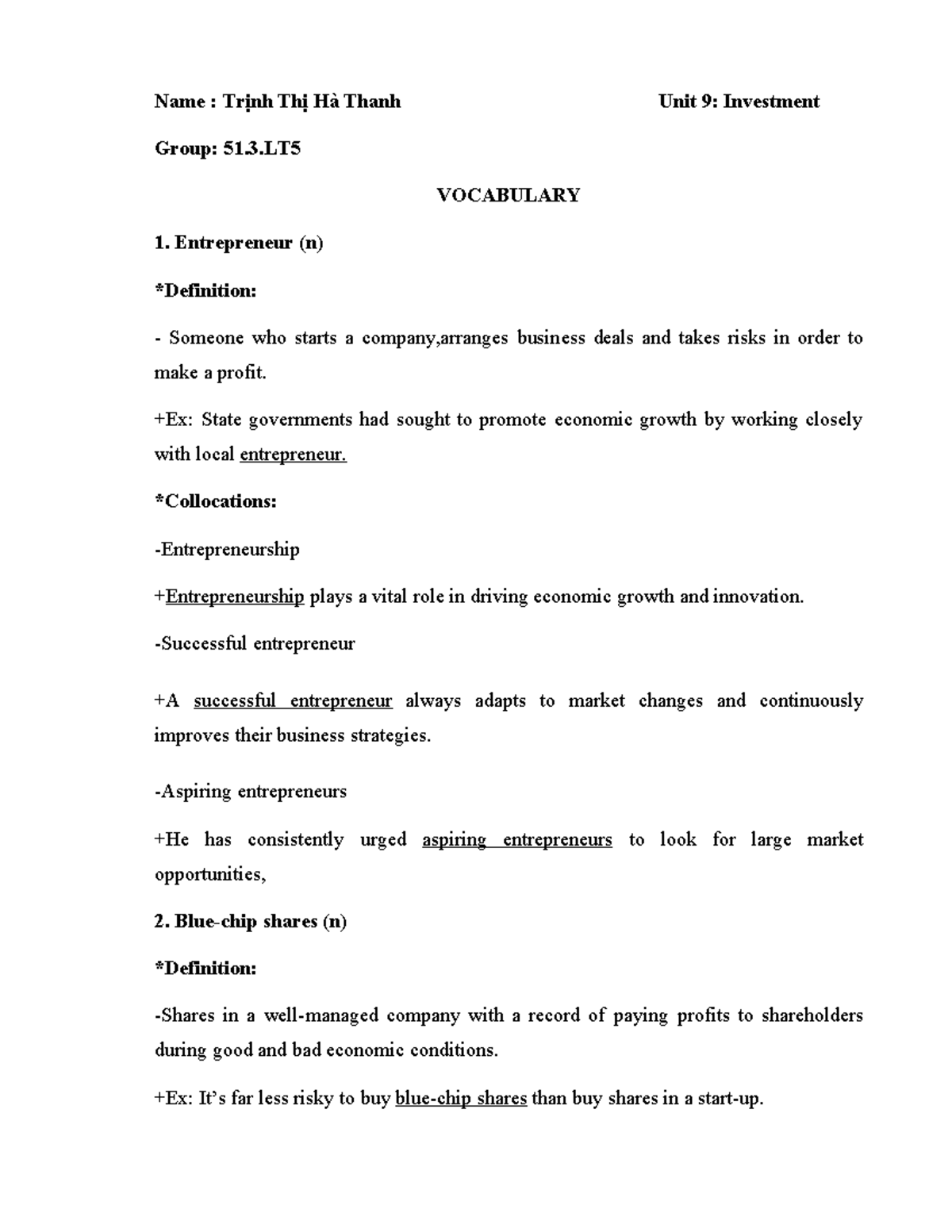 Unit 9 Vocabulary List - Investment Terms for GPPD - Studocu