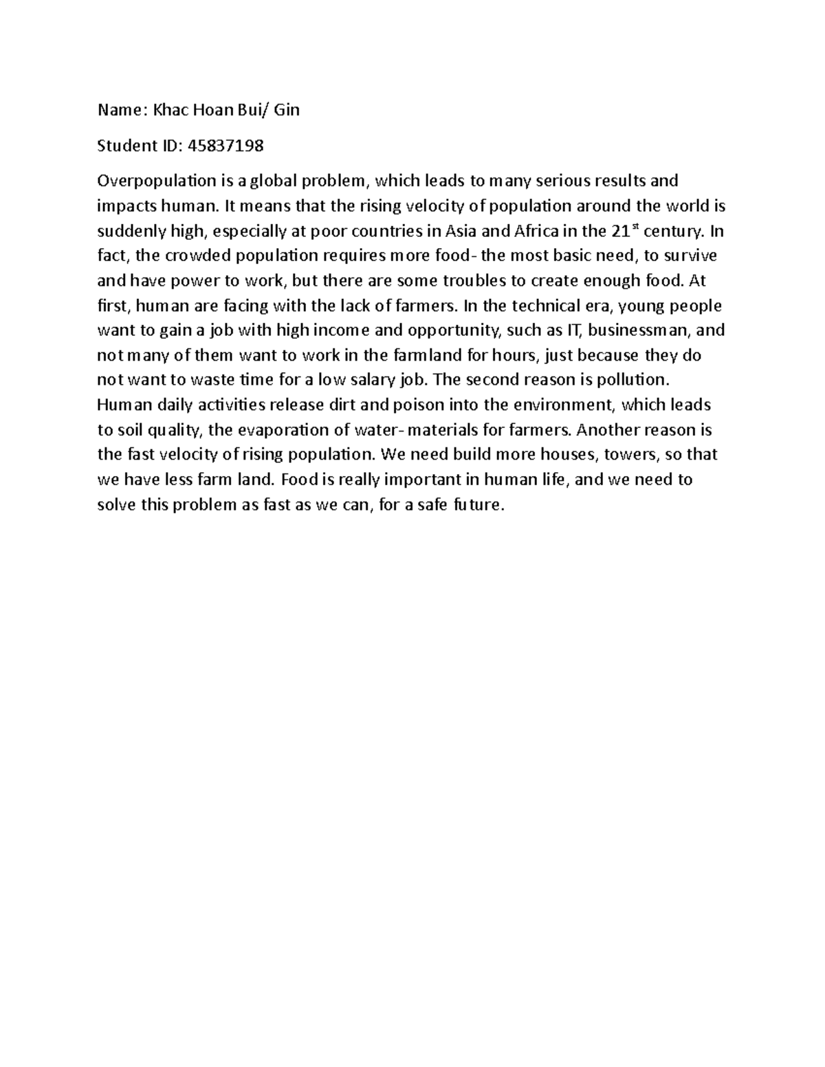 Food overpopulation - Short summary - Name: Khac Hoan Bui/ Gin Student ...