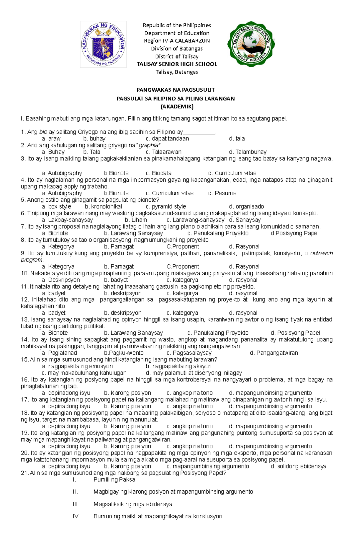 Pagsusulit sa Pagsulat sa Filipino (Akademik) - Pangwakas na Exam - Studocu