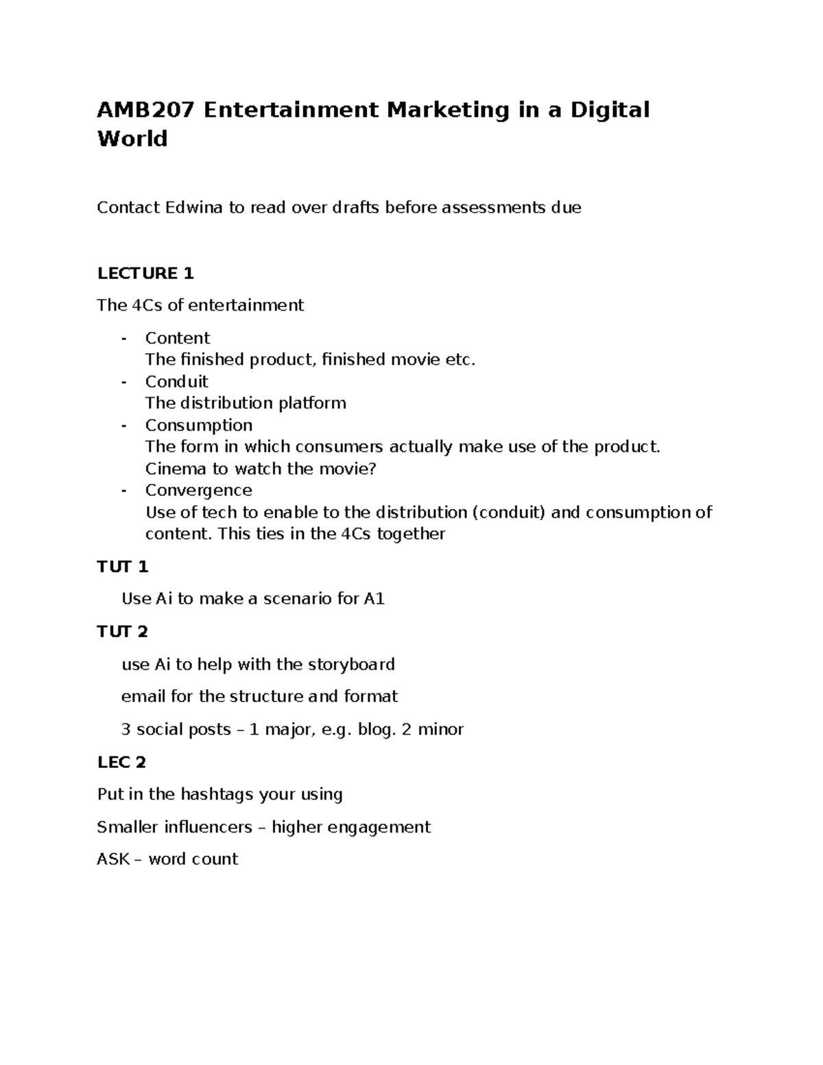 AMB207 Tutorial Notes: Entertainment Marketing Concepts & Strategies ...