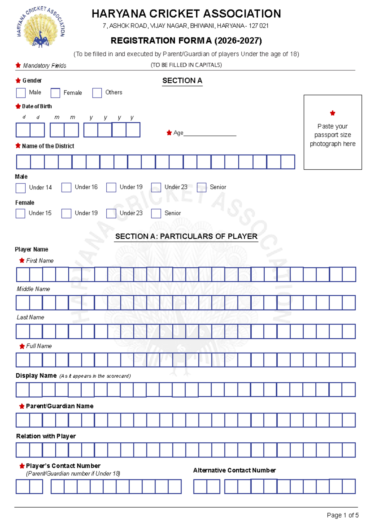 HCA Registration Form 2026-27 for Players Under 18 - Studocu
