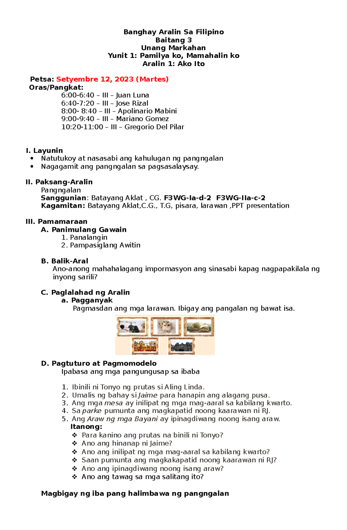 Filipino 3 Q1 WEEK 1 - Lesson on Pangngalan and Pagsasanay - Studocu