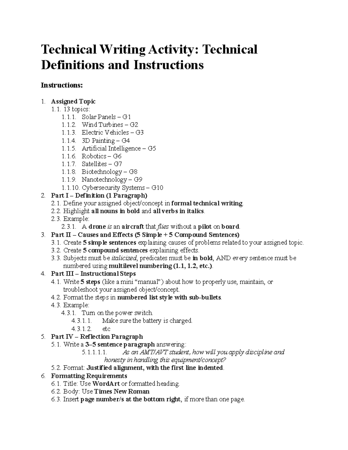 Technical Writing Activity: Definitions & Instructions AMT 2B - Studocu