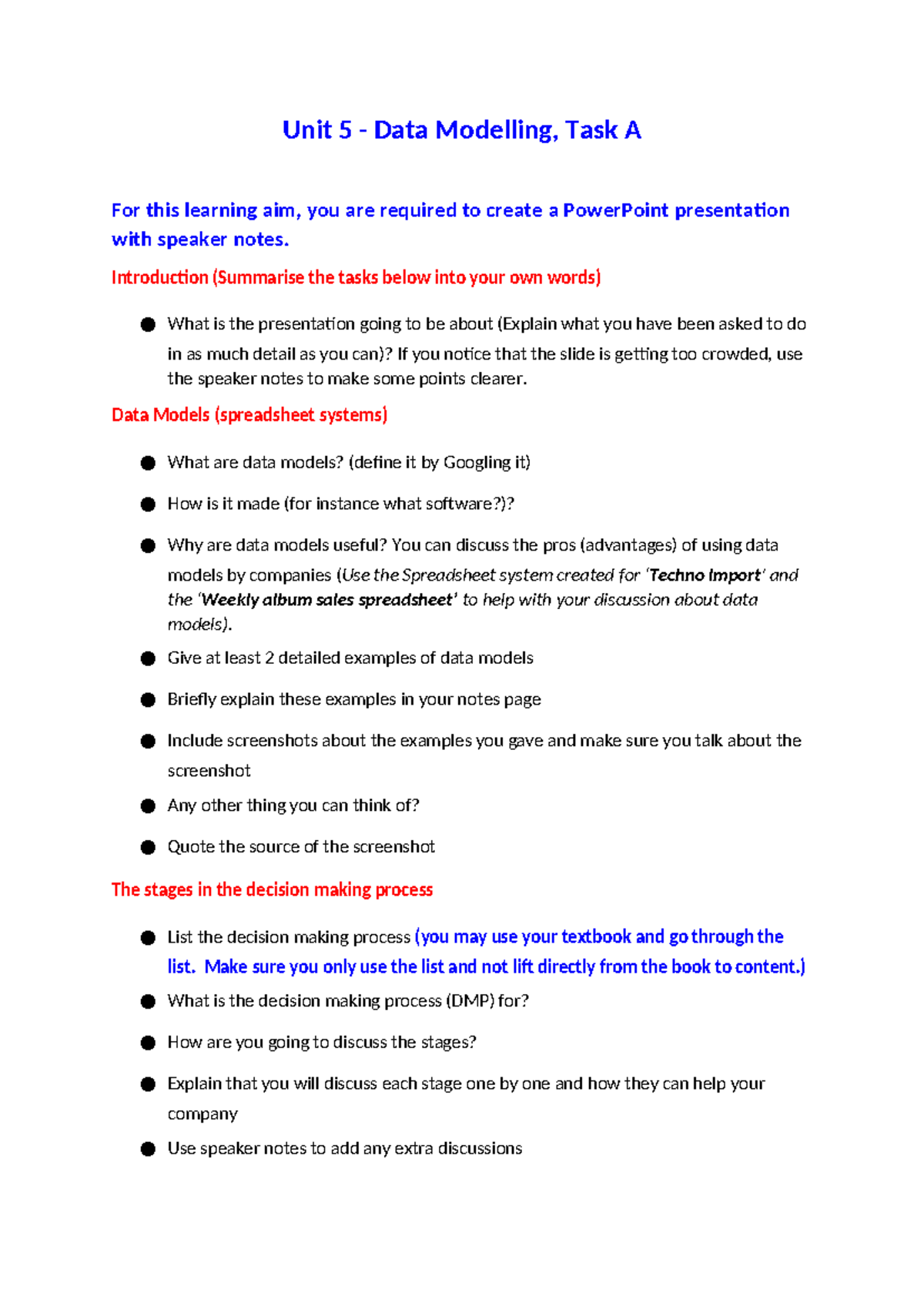 Unit 5 - Data Modelling, Task A: PowerPoint Presentation Guide - Studocu
