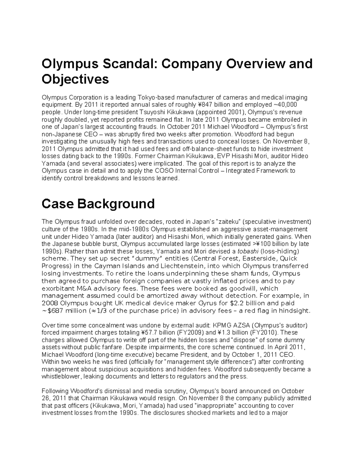 Olympus Scandal Case Study: Analysis and COSO Framework Insights - Studocu