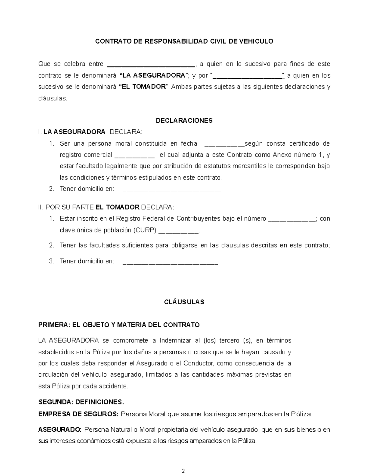 Contrato de Responsabilidad Civil Vehicular - Minuta - Studocu