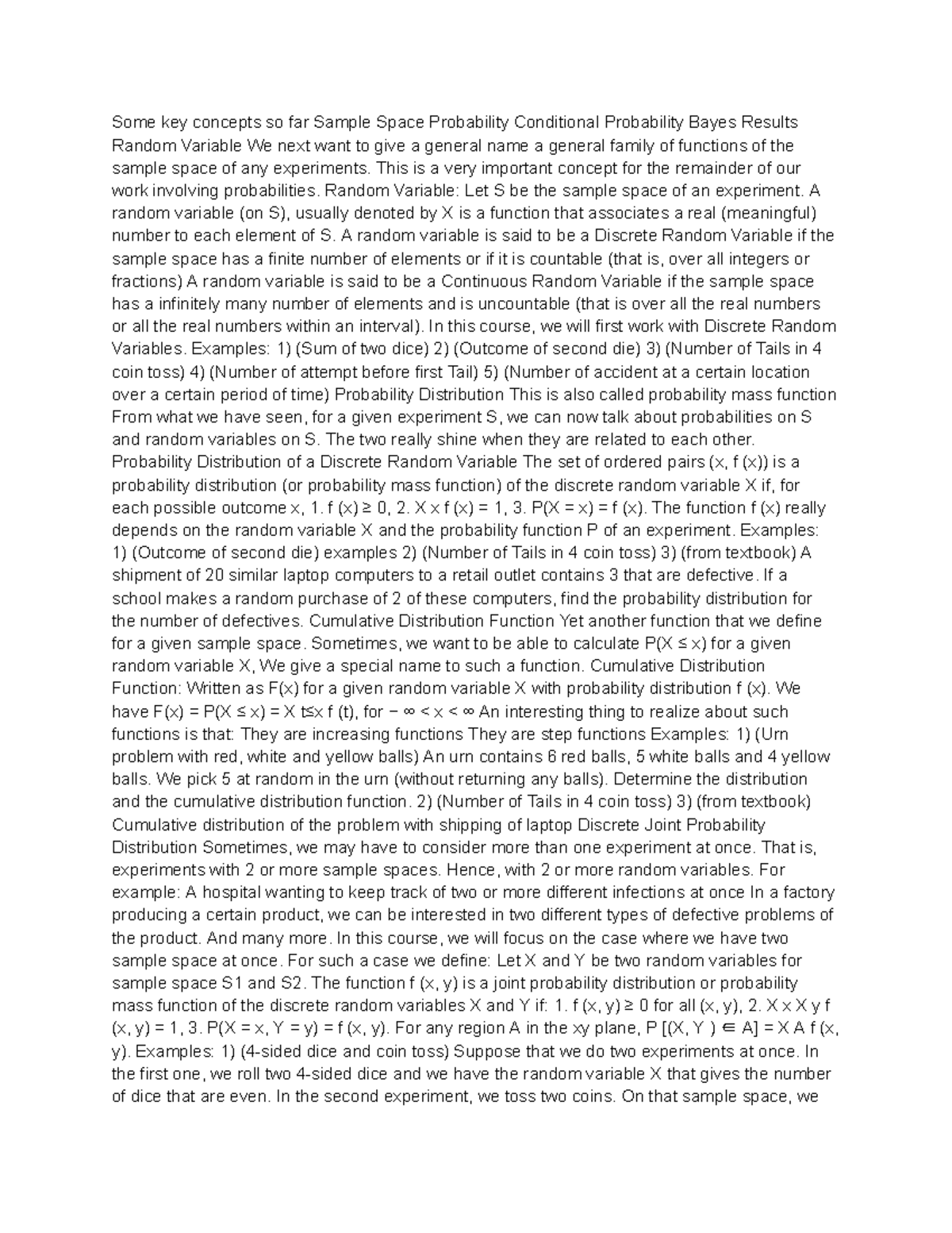 Week 6 Notes - Matt Lemire - Some key concepts so far Sample Space ...