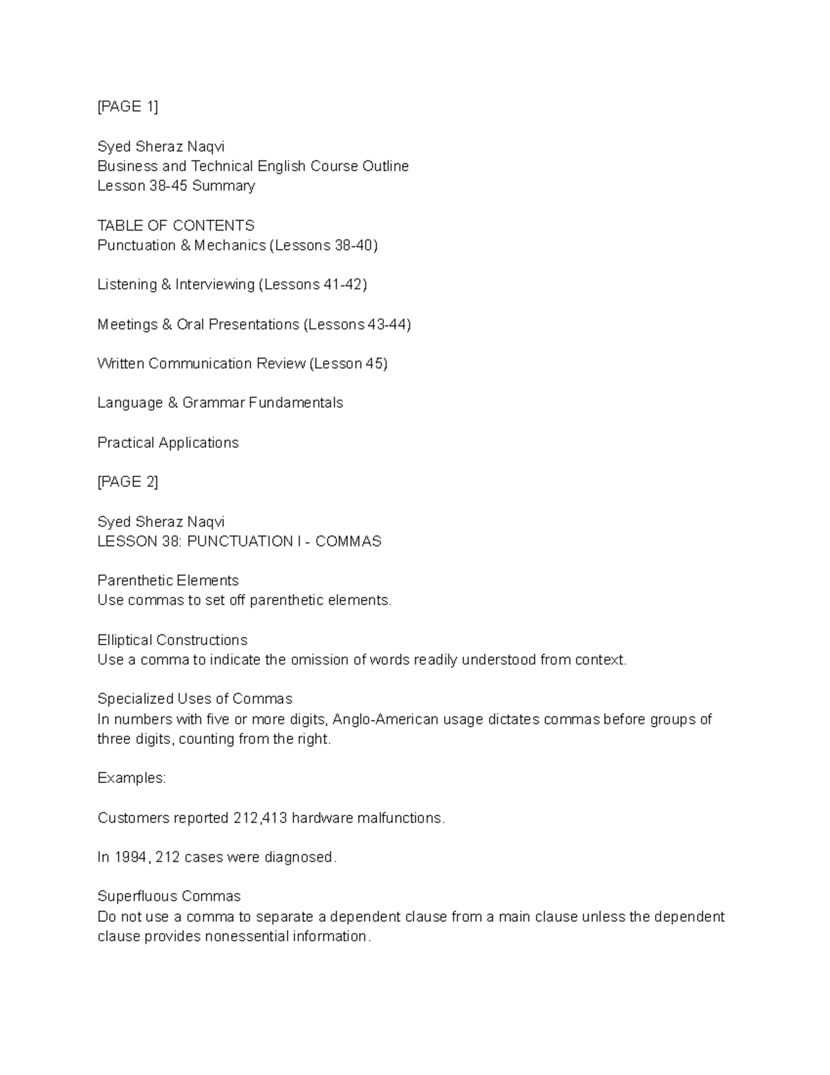 Business and Technical English Course Outline: Lessons 38-45 Summary ...