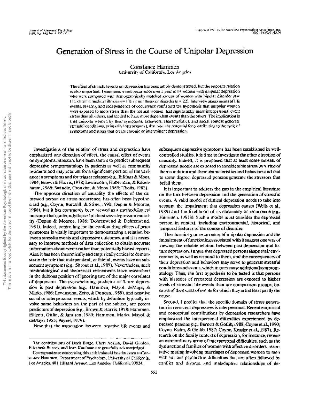 Stress Generation in Women with Unipolar Depression: A Comparative ...