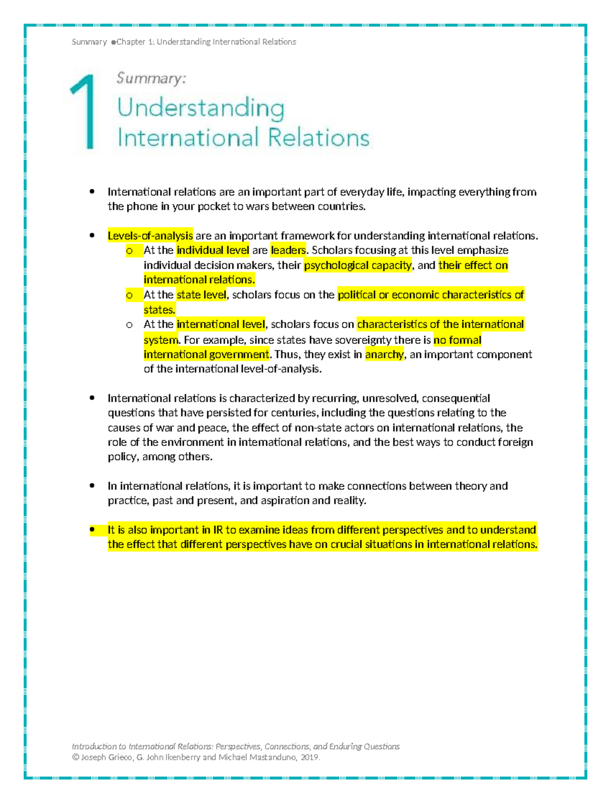 Summary of Chapter 1: Understanding International Relations (IR) - Studocu