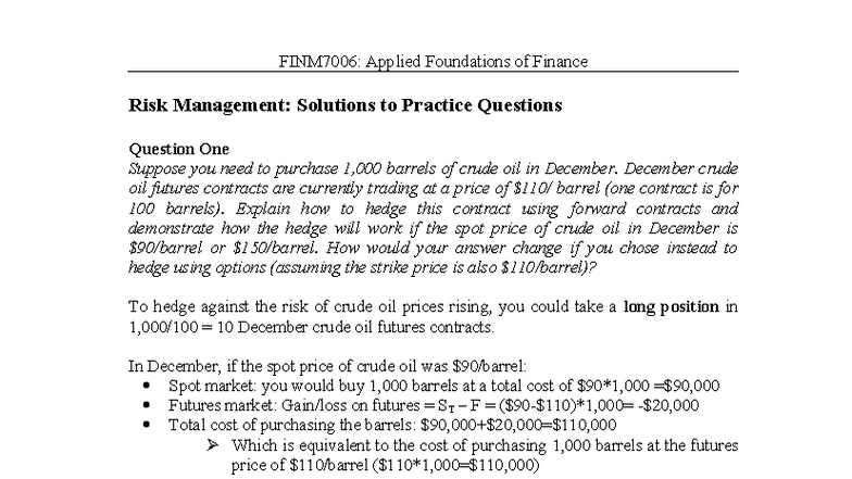 FINM7006: Risk Management Practice Questions Solutions - Studocu